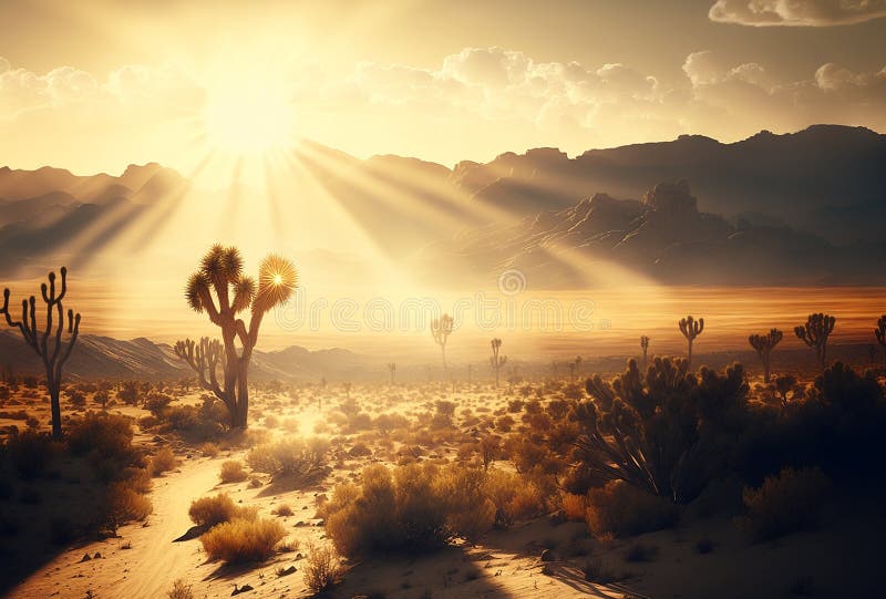 Sandy Desert Landscape with Sunbeams or Rays of Sunshine, AI-generated ...