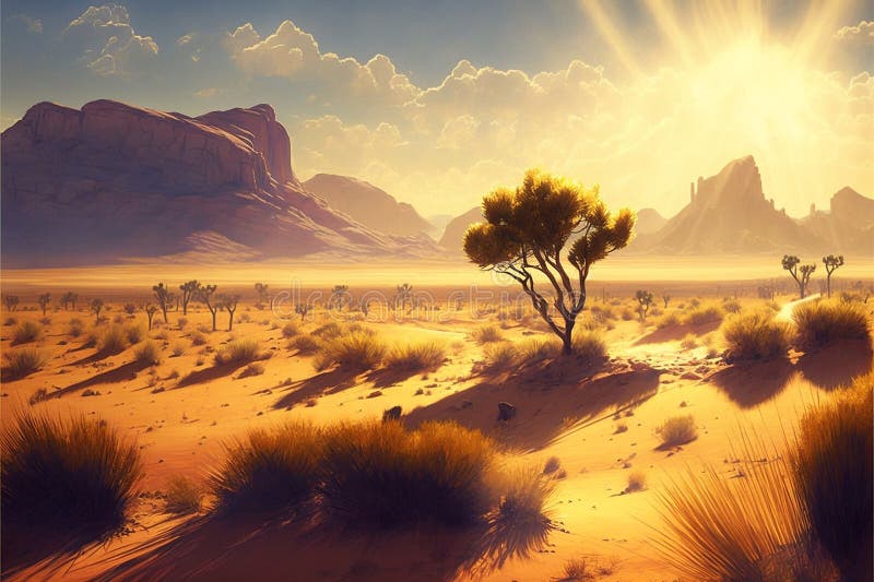 Sandy Desert Landscape with Sunbeams or Rays of Sunshine, AI-generated ...