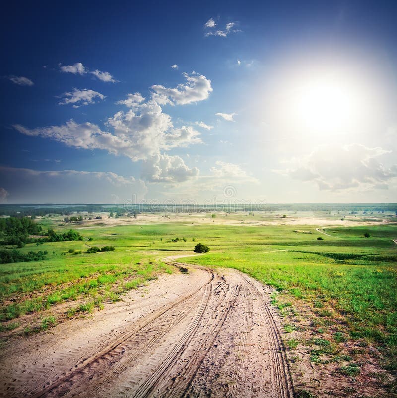 Sandy Road in a Field with Green Grass Stock Photo - Image of sunlight ...