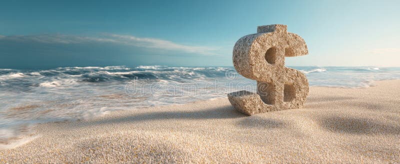 The Sandy Dollar Sign on a Tranquil Beach with Ocean Waves..AI ...