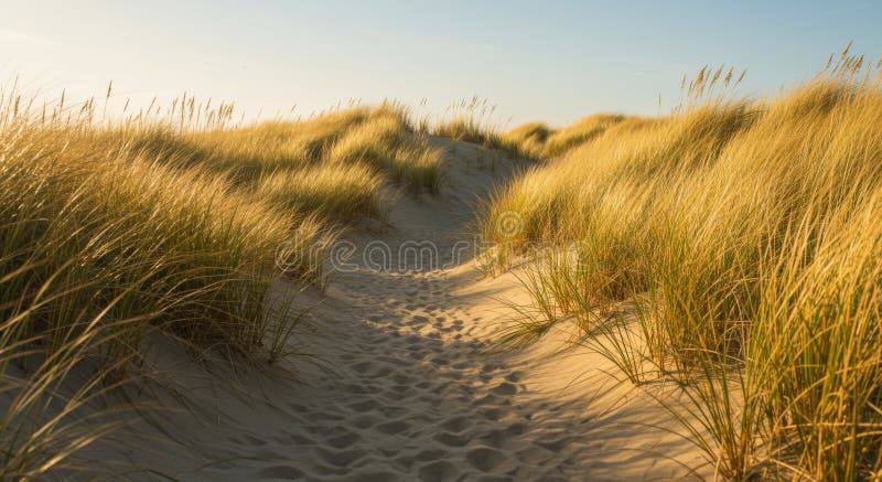 Sandy Path through Golden Beach Grass Dunes at Sunset Stock ...