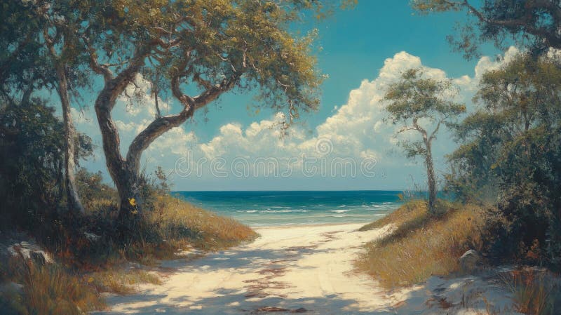 Sandy Path Leading To a Tranquil Ocean Beach Scene Stock Illustration ...