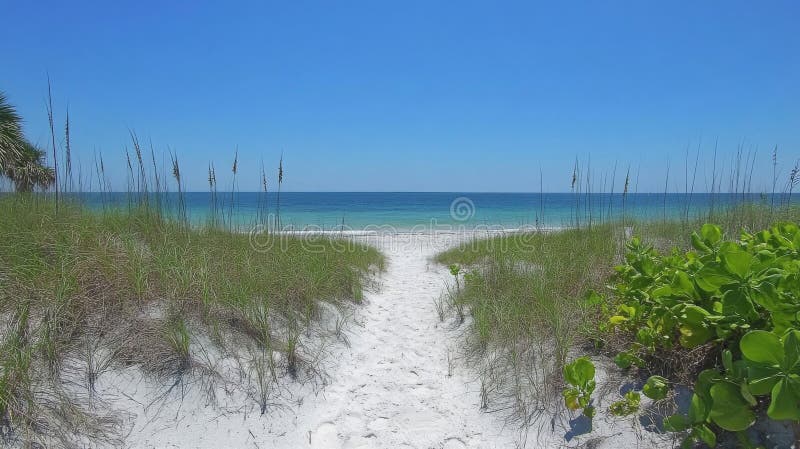 Sandy Path Leads To a Tranquil Ocean Beach Scene Stock Illustration ...