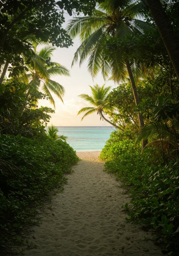 Sandy Path through Lush Tropical Foliage Leading To a Sunset Beach ...