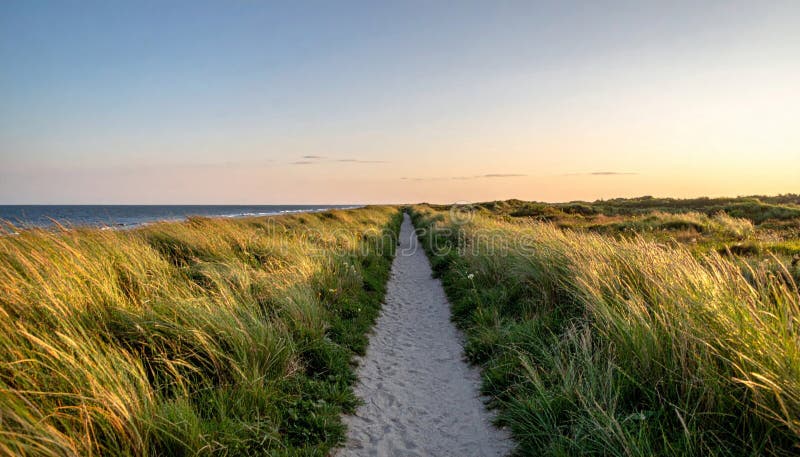Sandy Path through Tall Grass Along the Coastline Under Sunset Sky ...