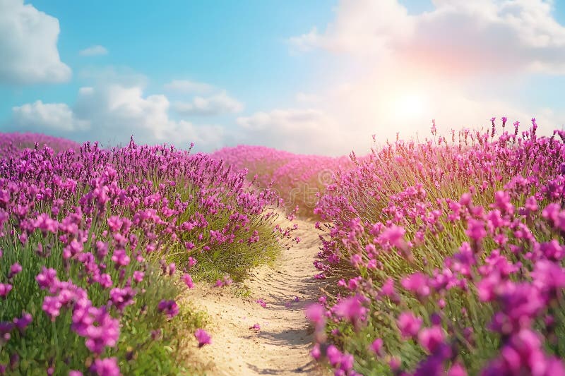 Path through Blooming Lavender Fields at Sunset Generative AI Stock ...