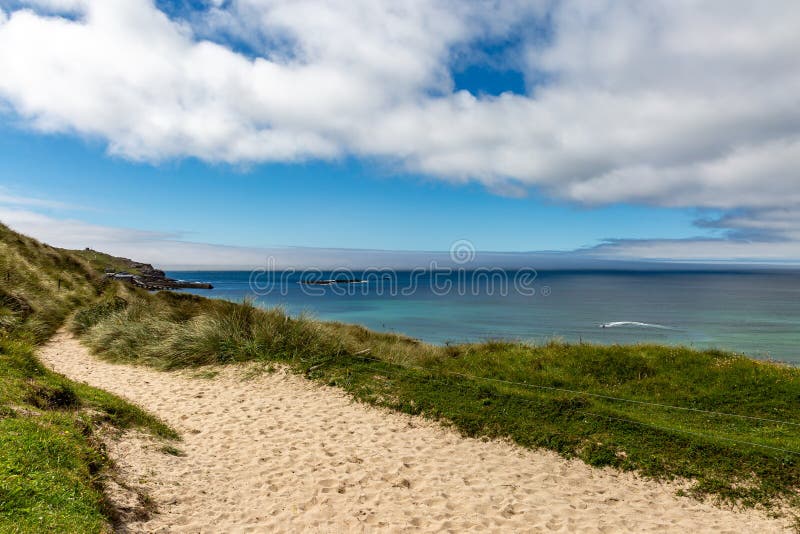 A Sandy Path and the Ocean Below, at Sennen in Cornwall Stock Image ...