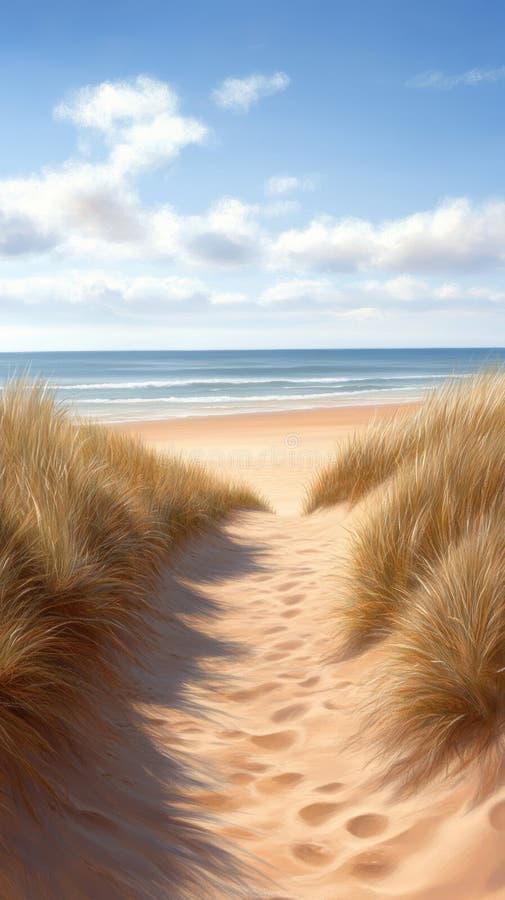 Sandy Pathway Leads To Serene Beach with Gentle Waves and Blue Skies ...
