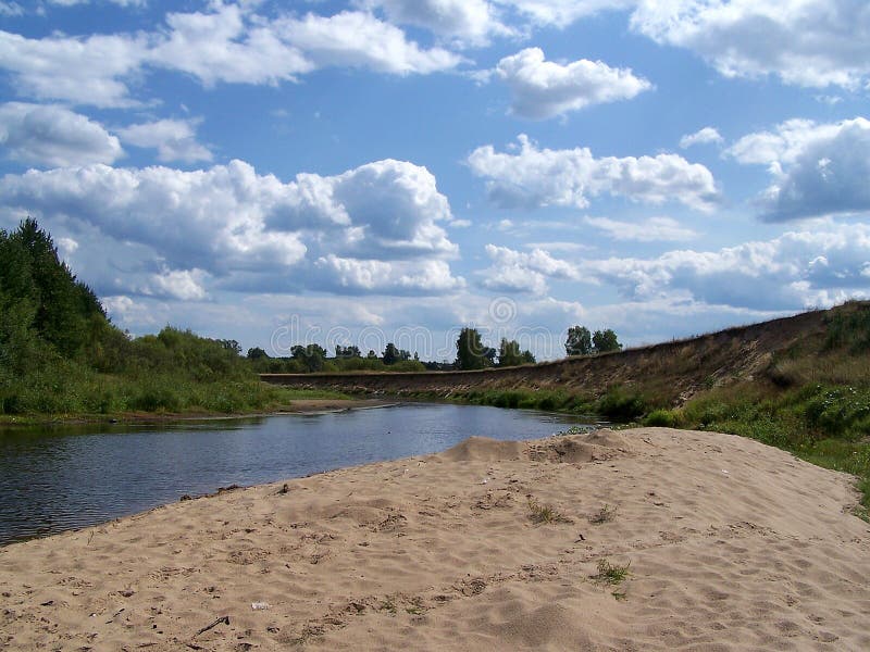 Sandy river beach stock image. Image of river, sand, grass - 74396403