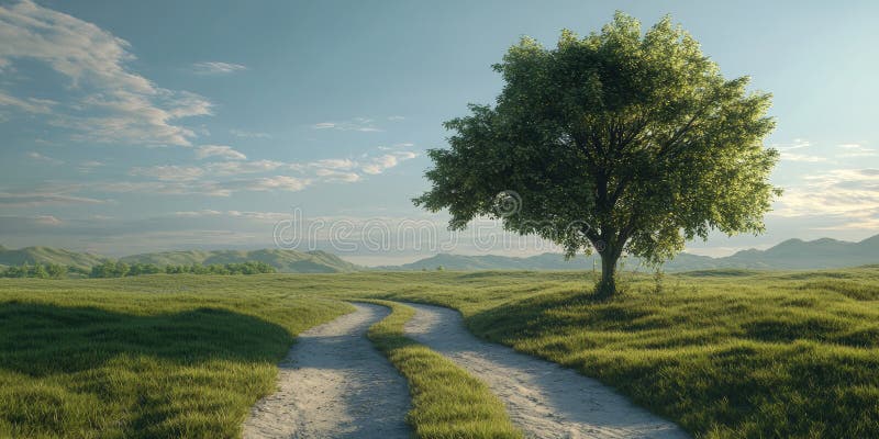 Sandy Road Winding through a Green Field with a Tree, Rustic Sand Road ...