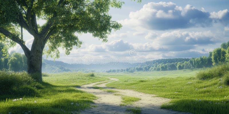 Sandy Road Winding through a Green Field with a Tree, Rustic Sand Road ...