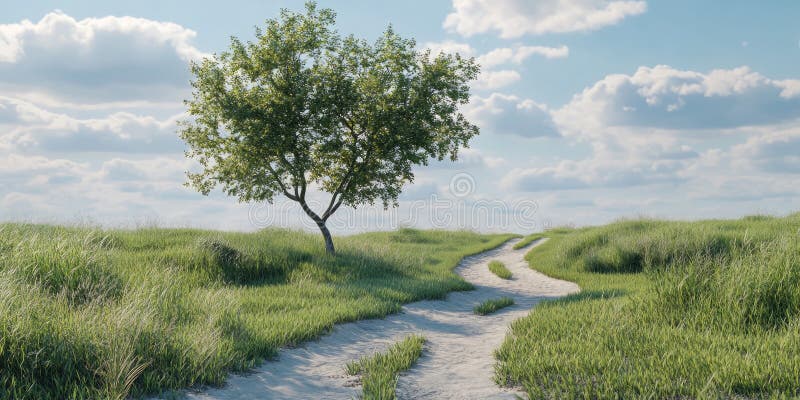 Sandy Road Winding through a Green Field with a Tree, Rustic Sand Road ...