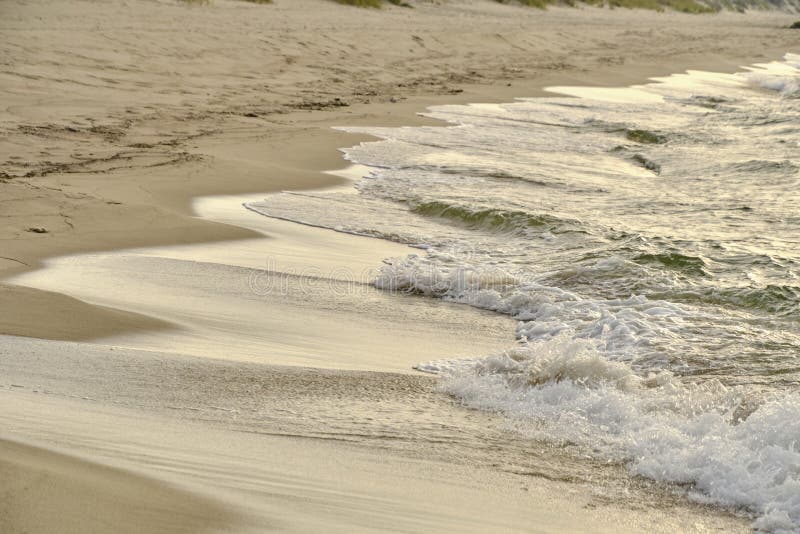 Sandy Sea Beach at Sunset and Rolling Waves. Stock Photo - Image of ...