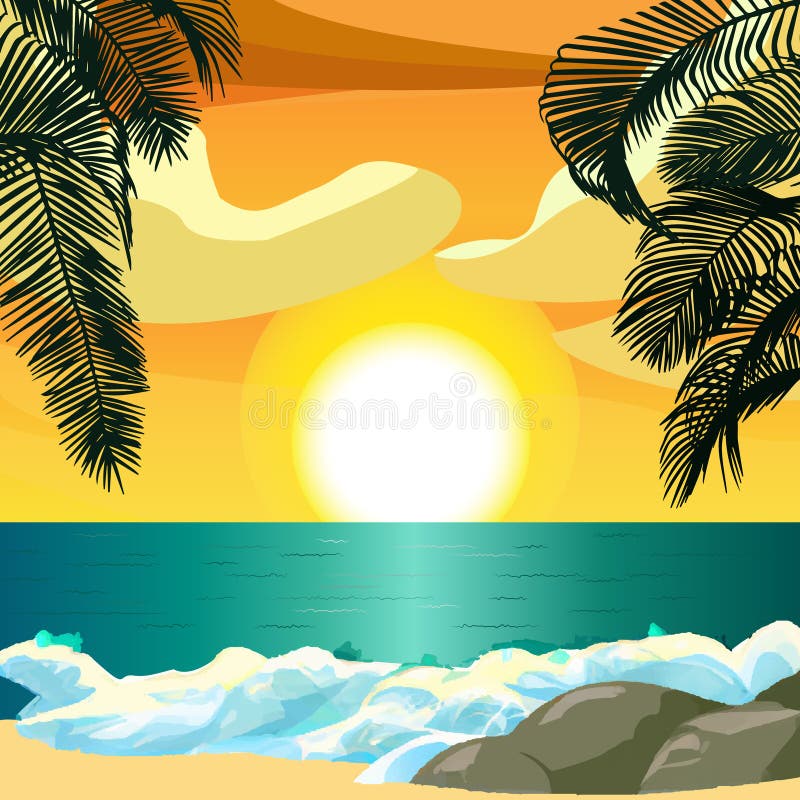 Sandy Seashore. Tropical Beach with Palm Trees Stock Vector ...