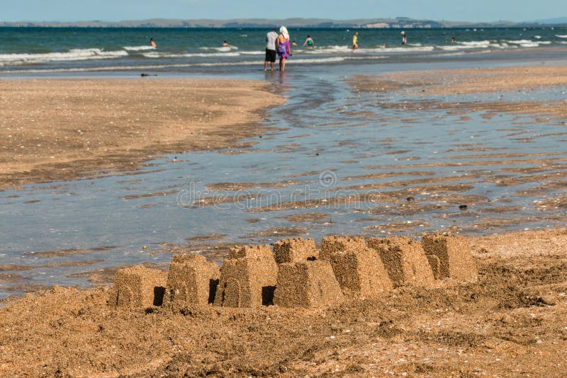 Sandy-Strand Bei Ebbe Mit Auckland-Skylinen Im Hintergrund Stockfoto ...