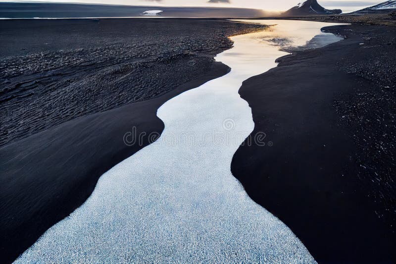 Sandy Strip of Iceland Beach Shore in Dark Gray Tones Stock ...
