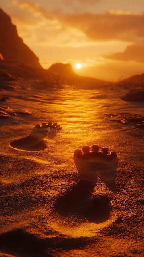 Sandy Terrain with Two Visible Footprints Leading Towards a Setting Sun ...