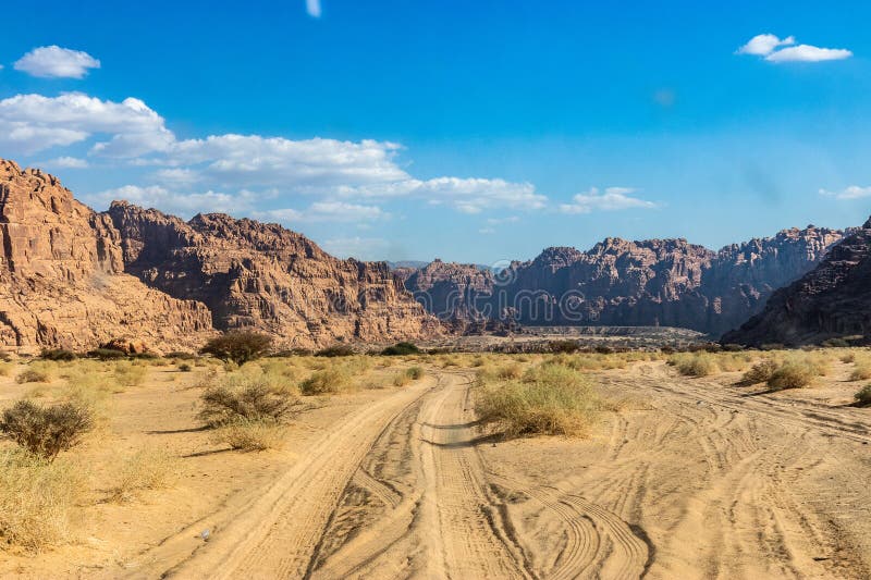 Sandy Tracks through Wadi Disah, Saudi Arab Stock Photo - Image of ...