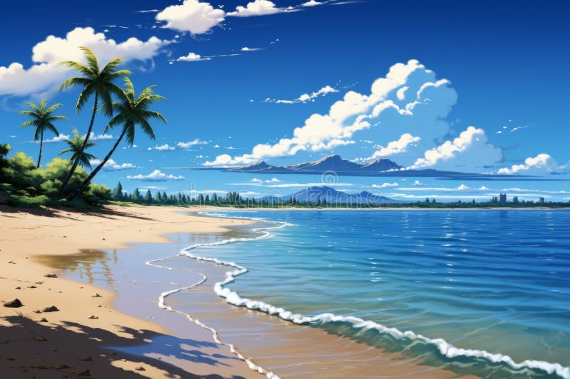 Sandy Tropical Beach with Sandy Shoreline and Distant Island View in a ...