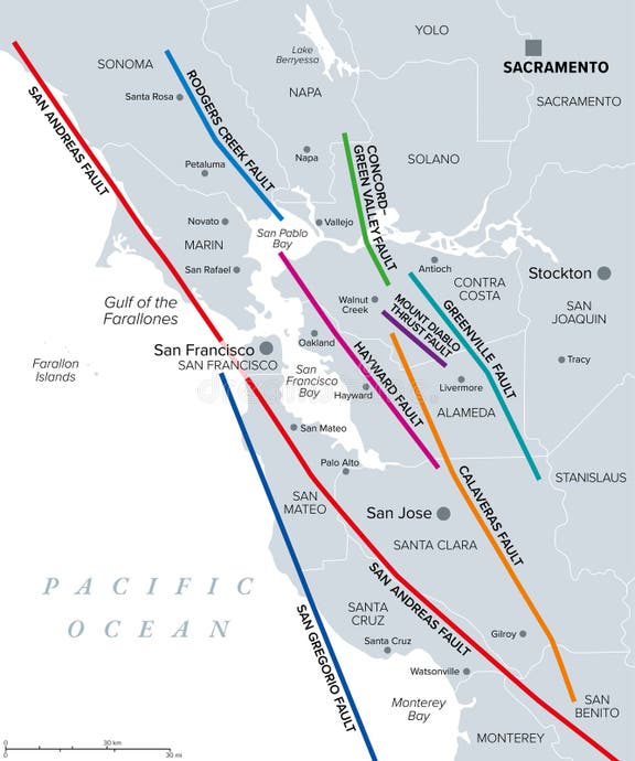 San Francisco Bay Area, Major Fault Lines, Gray Political Map Stock ... San Francisco Bay Area, Major Fault Lines, Gray Political Map Stock ...