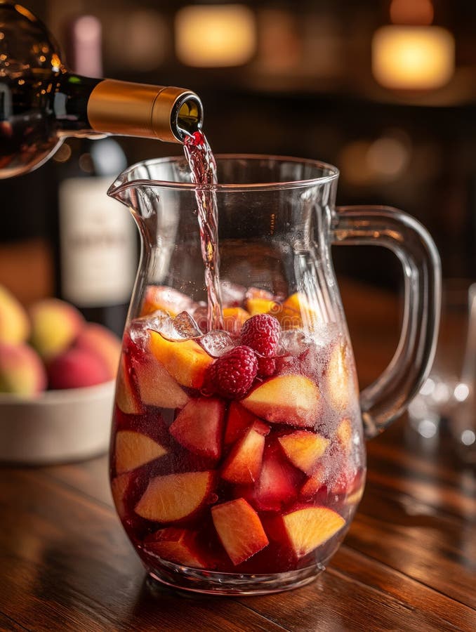 Sangria Being Poured into a Pitcher with Fruit Slices. Stock Photo ...