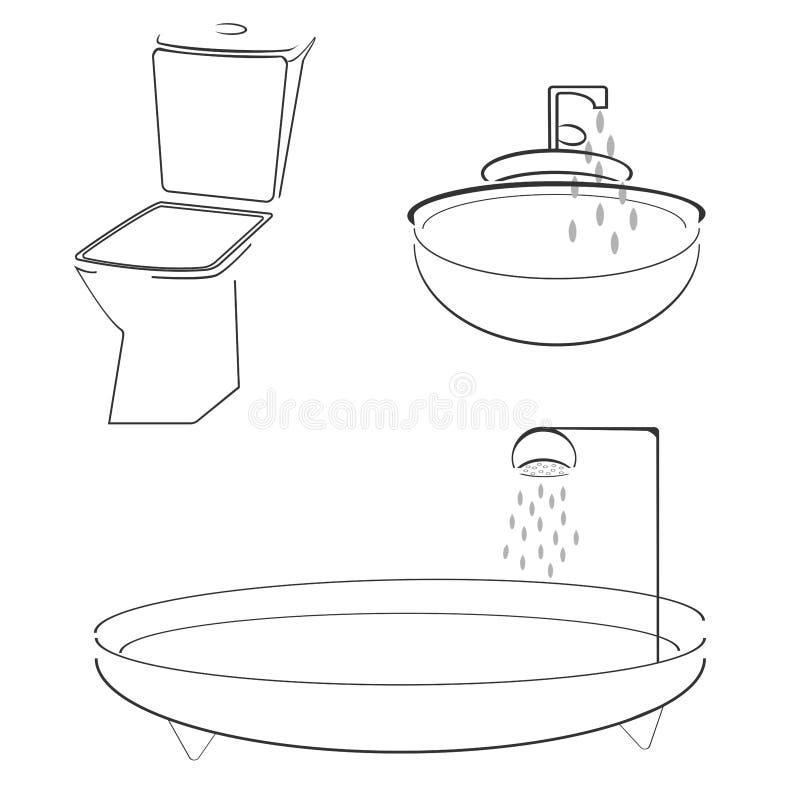 Sanitary Ware Vector Sketch. Plumbing Engineering Set with Isolated ...