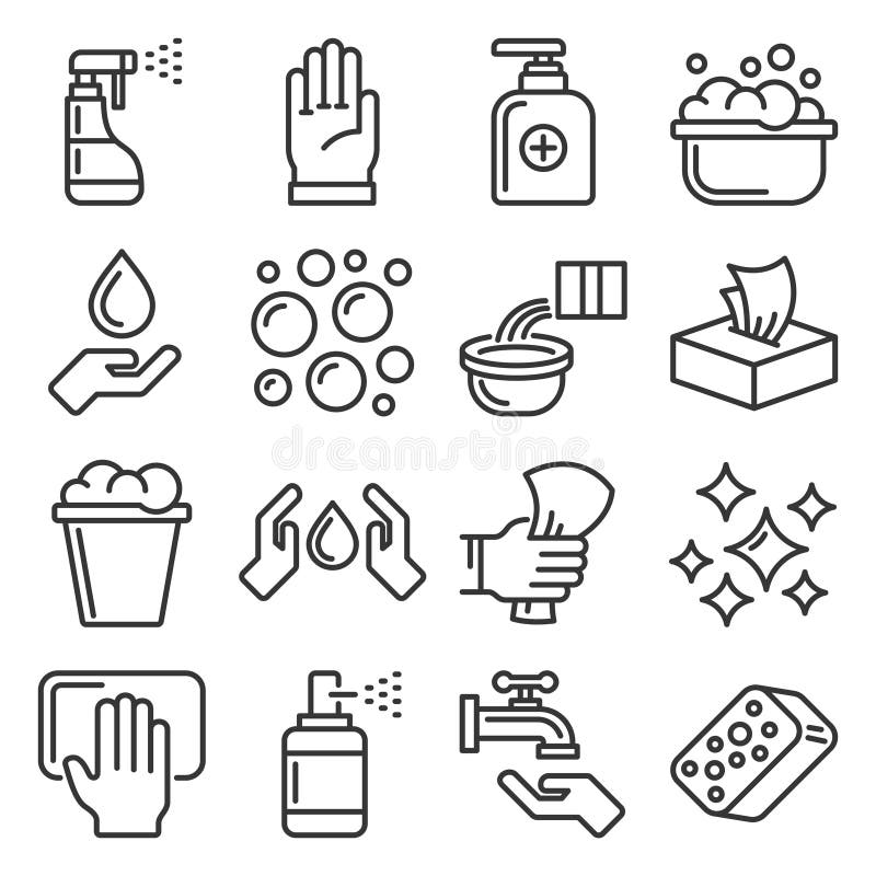 Sanitation Ans Clean Icons Set on White Background. Line Style Vector ...