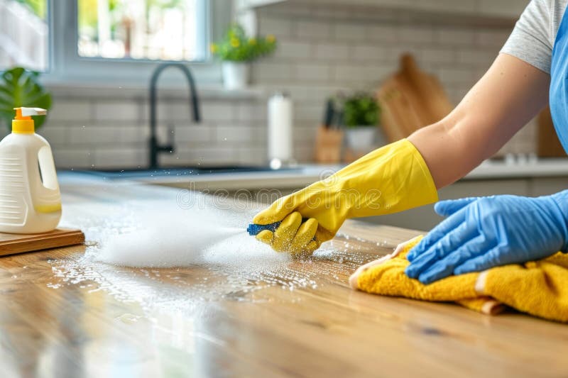 Sanitizing Home. Disinfectant Spray for Cleaning Kitchen Table and ...