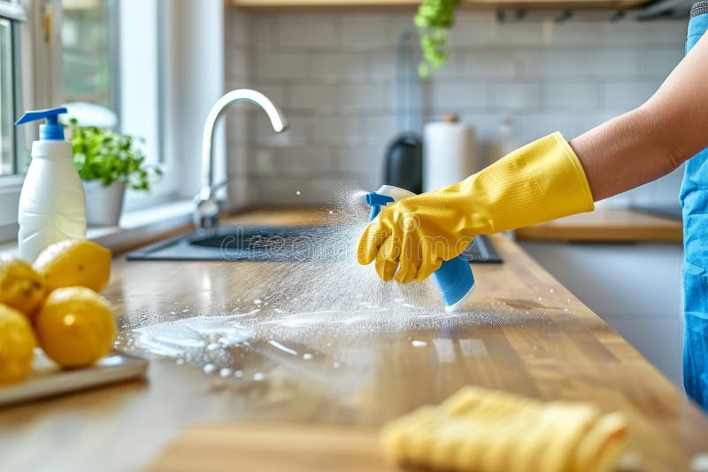 Sanitizing Kitchen Table with Disinfectant Spray, Gloves, and Towel for ...
