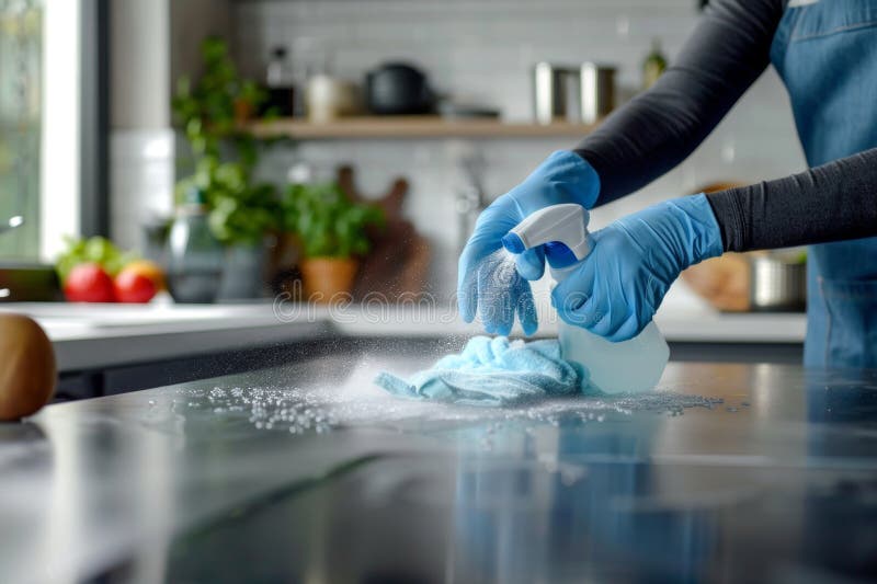 Sanitizing Kitchen Table Surface with Disinfectant Spray and Gloves for ...