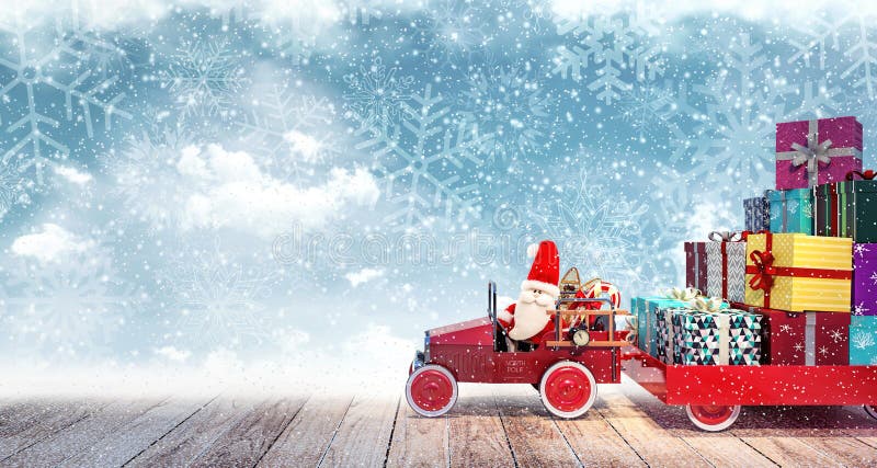 Santa Arriving from Sky with Car Full of Christmas Presents Stock ...
