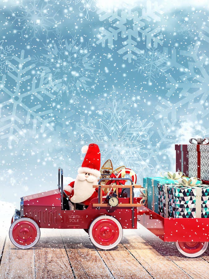 Santa Arriving from Sky with Car Full of Christmas Presents Stock ...