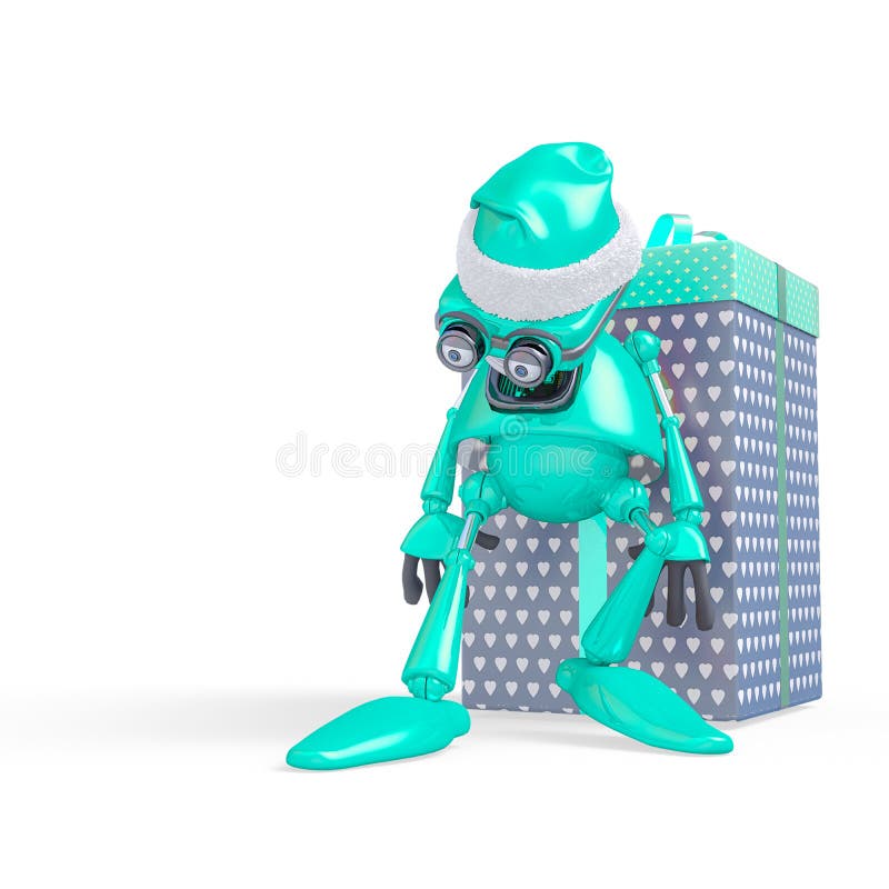 Santa Bot Leaning on the Gift Box in White Background Front View Stock ...