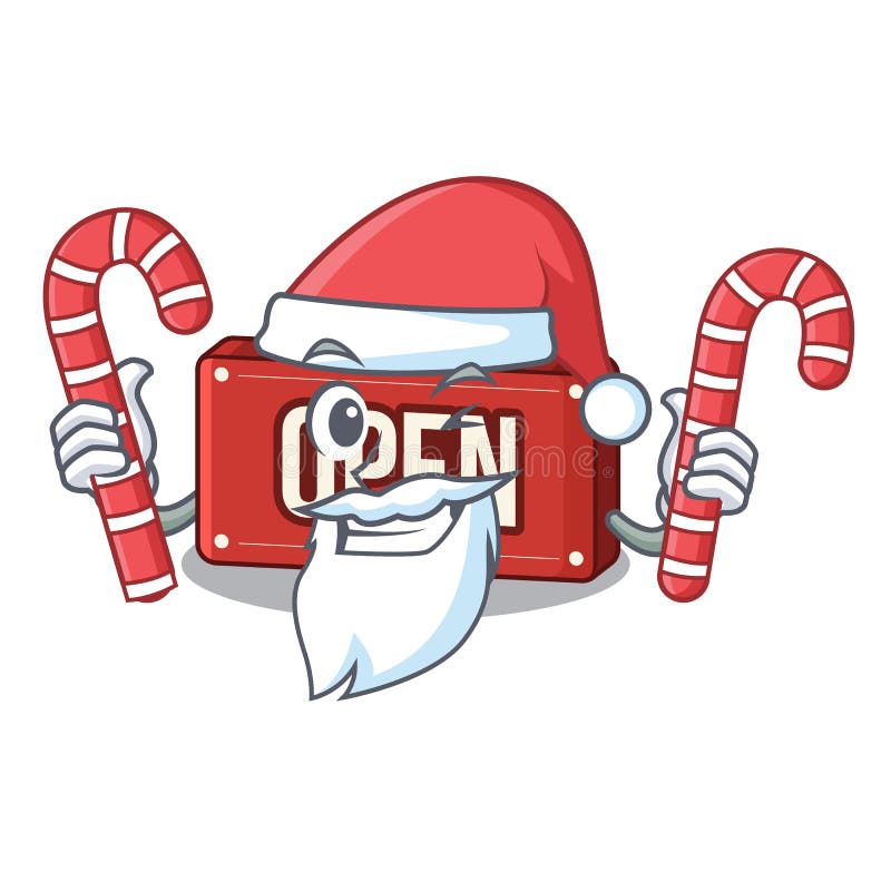 Santa with Candy Open Sign Above on Table Cartoon Stock Vector ...
