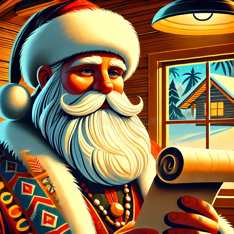 Santa Checking His List in a Warm Cabin. Stock Illustration ...