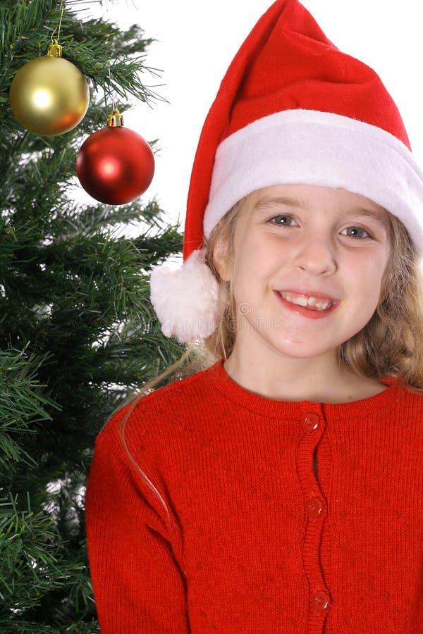 Santa Child by Christmas Tree Vertical Stock Photo - Image of jolly ...