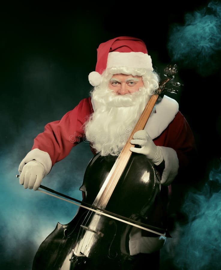 Santa Cklaus Playing Cello Over Dark Background Stock Photo - Image of ...