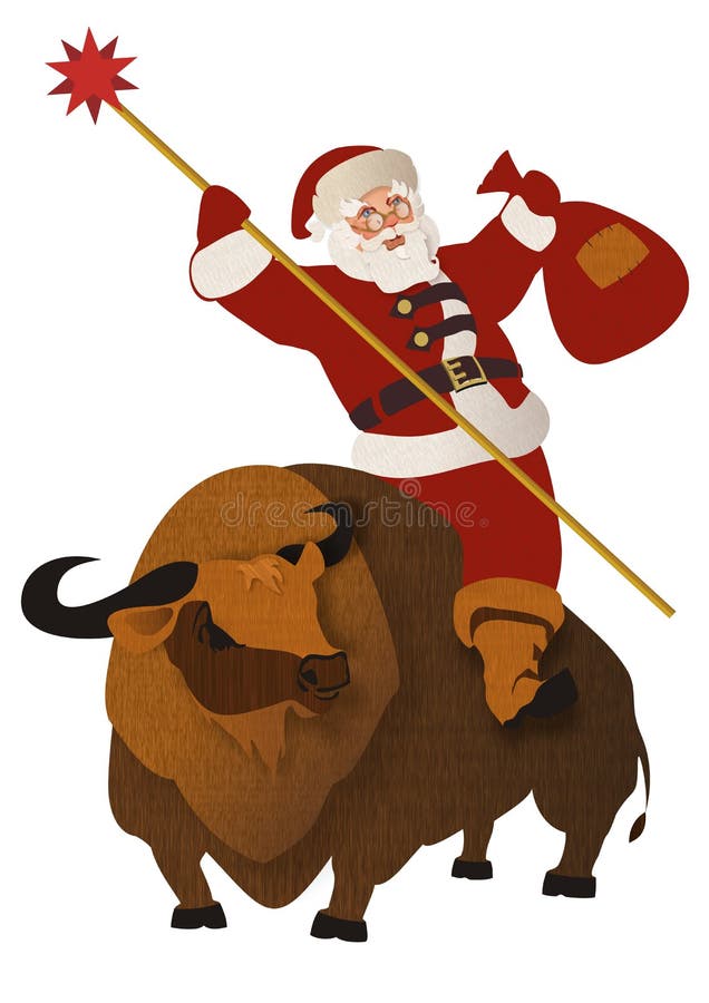 Santa Claus with a bull stock illustration. Illustration of card - 7292928