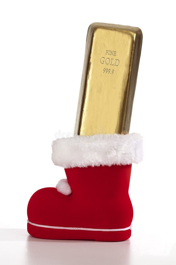 Santa Claus Boot Filled with Gold Bar Against White Background Stock ...