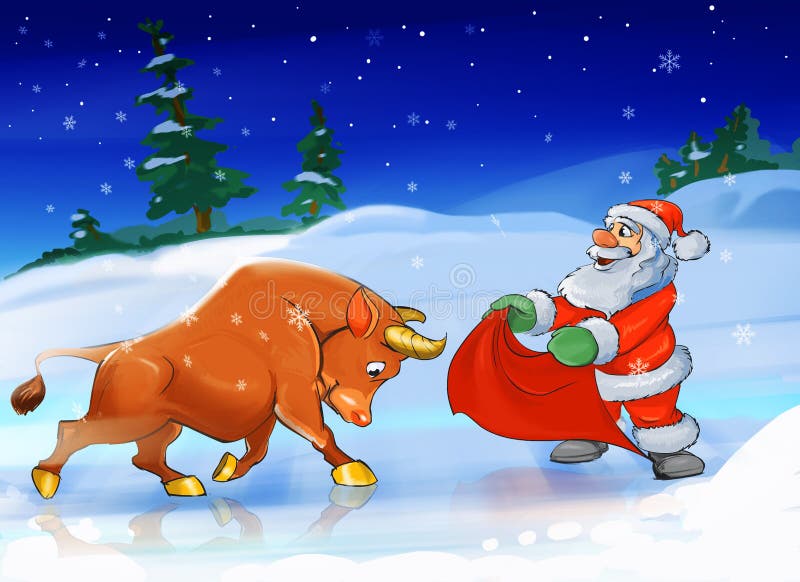 Santa Claus with a bull stock illustration. Illustration of card - 7292928