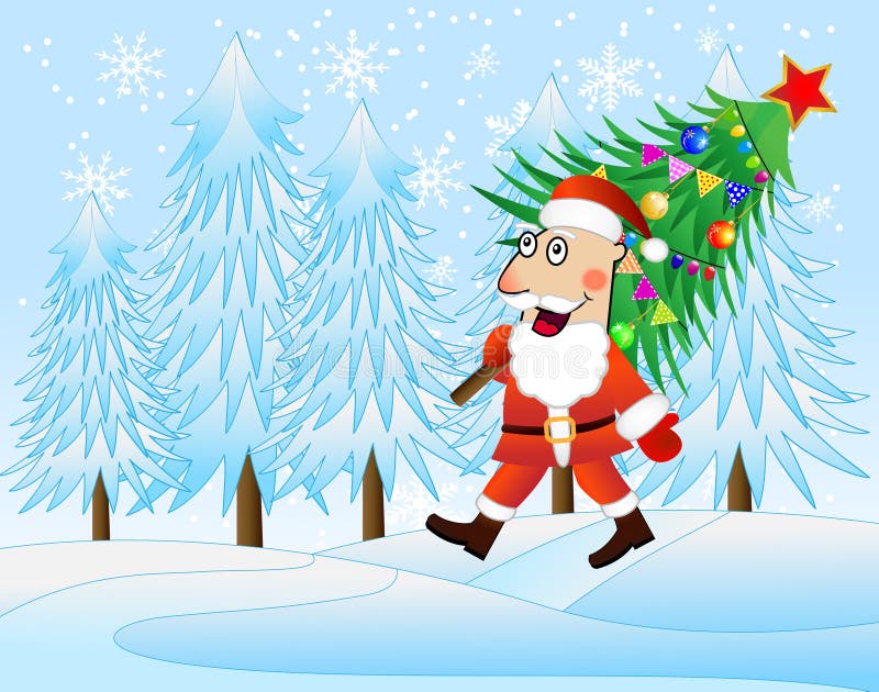 Santa Claus Carries the Decorated Christmas Tree Stock Vector ...