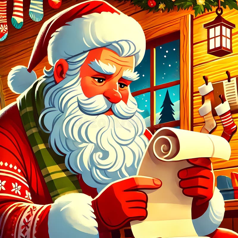 A Santa Claus Checking His List in a Warm Cabin. Stock Illustration ...