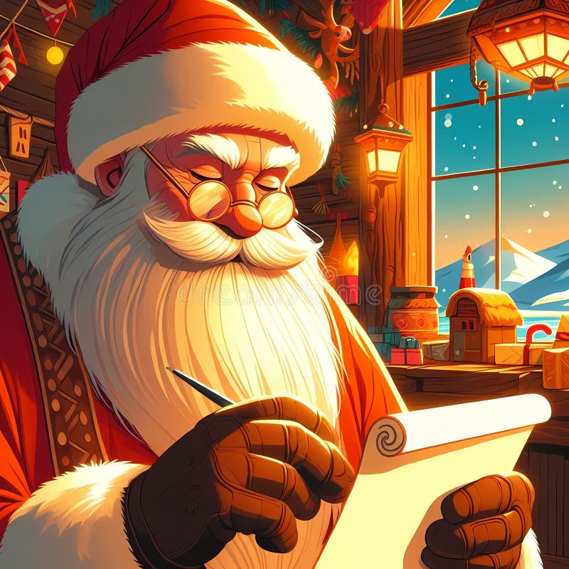 Santa Claus Checking His List in a Warm Cabin. Stock Illustration ...