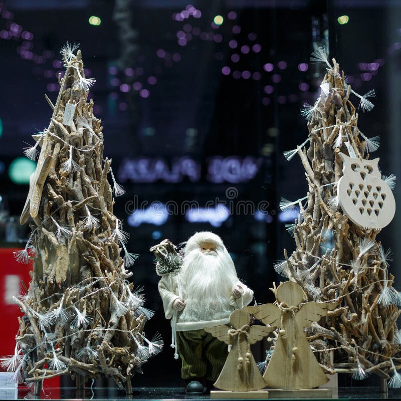 Santa Claus and Christmas Angels in the Showcase Stock Image - Image of ...