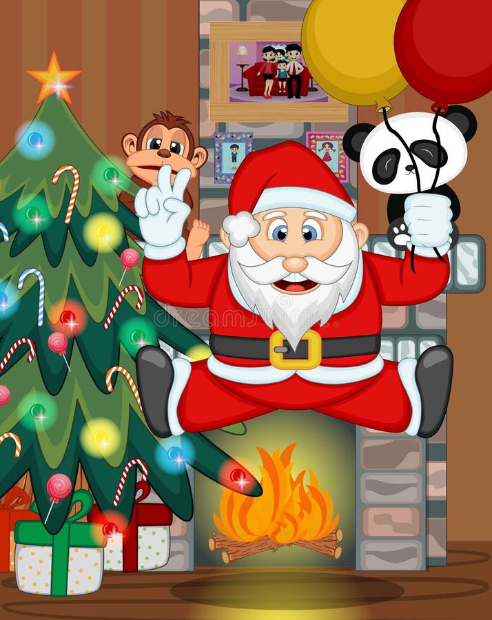 Santa Claus with Christmas Tree and Fire Place Vector Illustration ...
