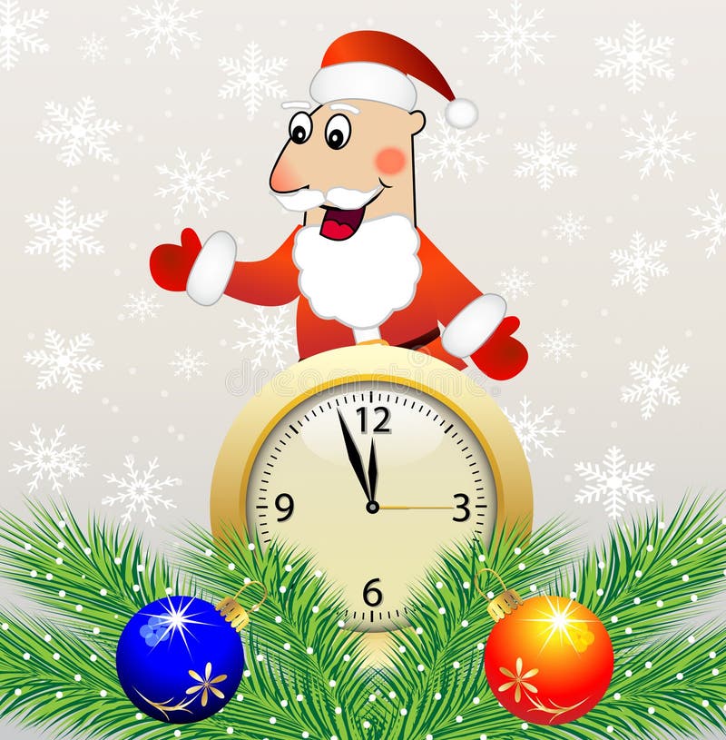 Santa Claus, Clock and Green Branches with Toys Stock Vector ...
