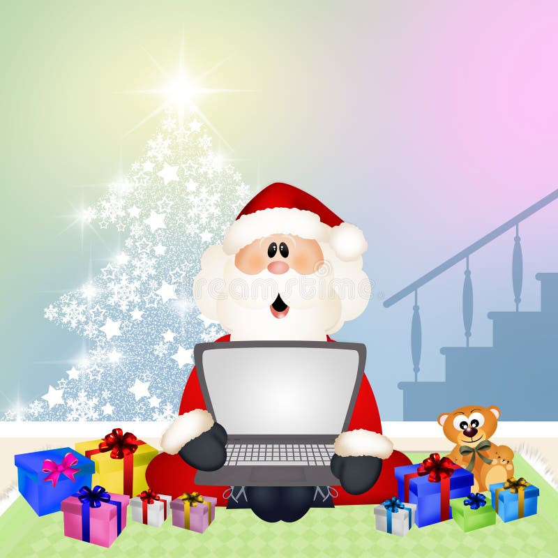 Santa Claus with computer stock illustration. Illustration of work ...