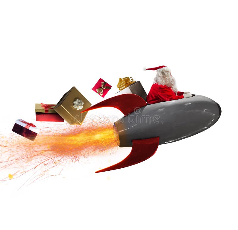 Santa Claus Delivers Gifts with a Fast Space Rocket Stock Image - Image ...
