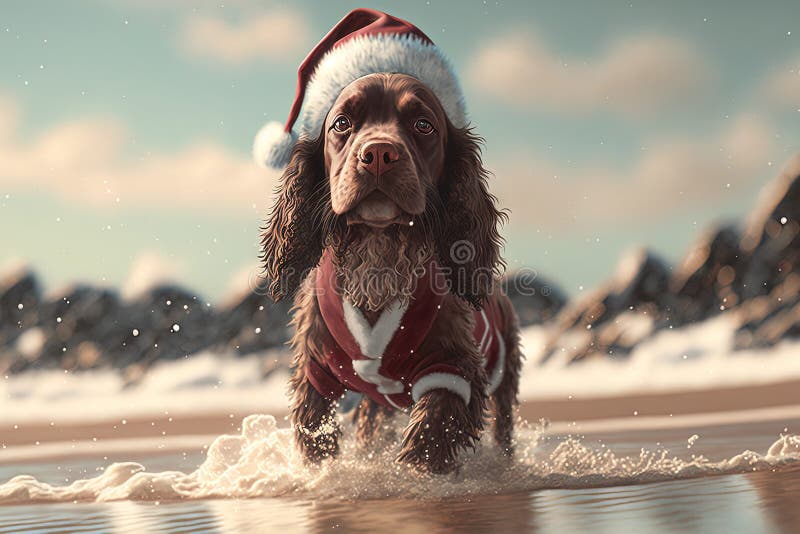 Santa Claus Dog on the Beach Cocker Spaniel Illustration Generative Ai ...