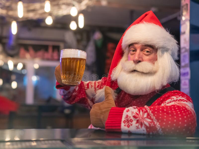 Santa Claus Drinking Beer at a Bar. Stock Photo - Image of full, lager ...